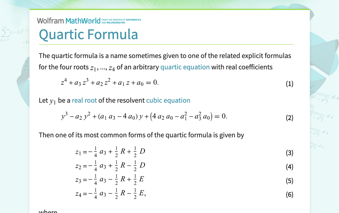 Quartic Formula -- from Wolfram MathWorld