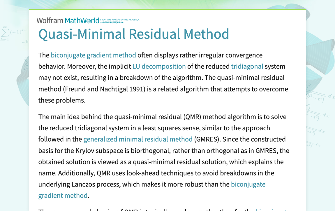 Quasi Minimal Residual Method From Wolfram Mathworld