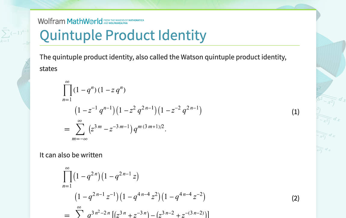 Quintuple Product Identity -- from Wolfram MathWorld