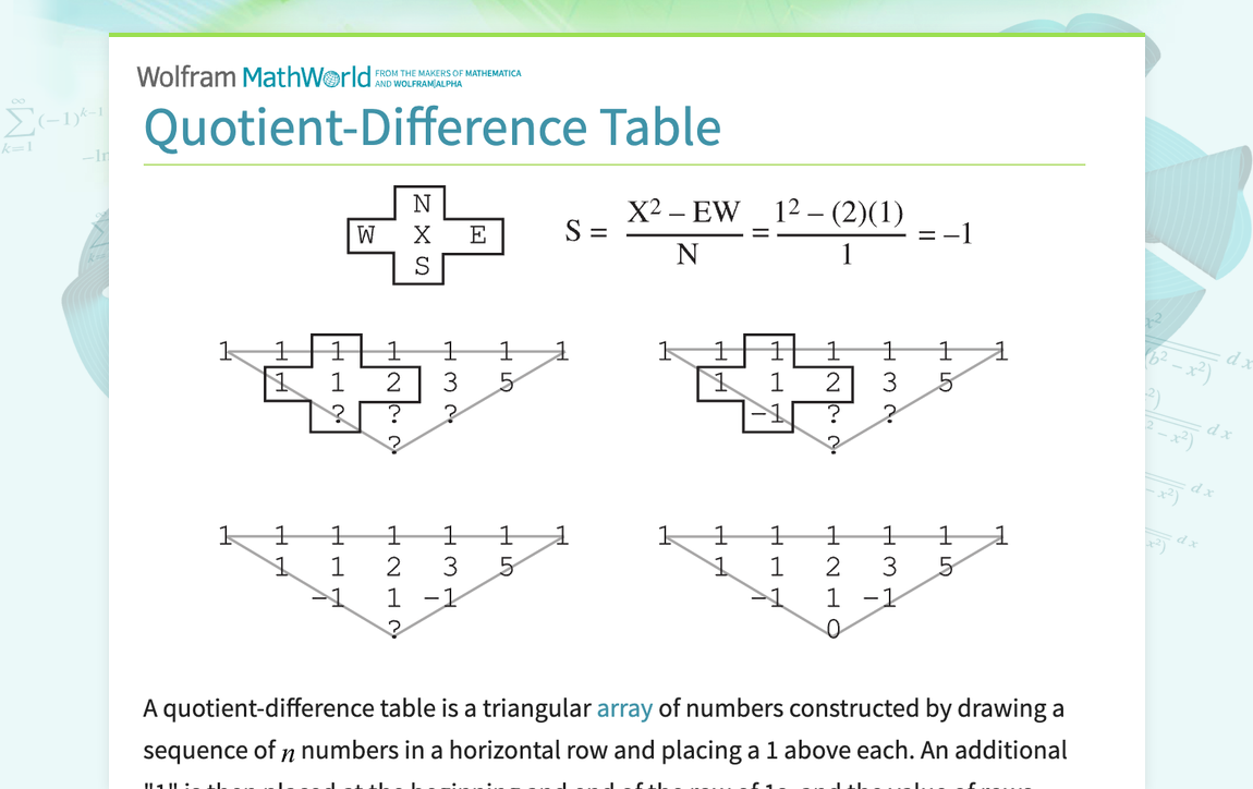 Quotient-Difference Table -- from Wolfram MathWorld