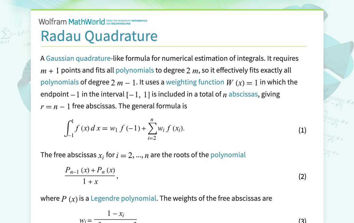 Radau Quadrature -- from Wolfram MathWorld