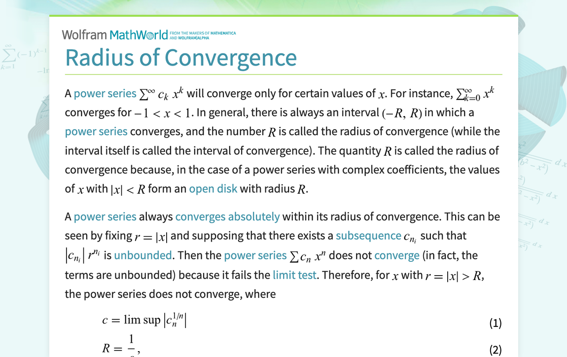 Radius of Convergence -- from Wolfram MathWorld