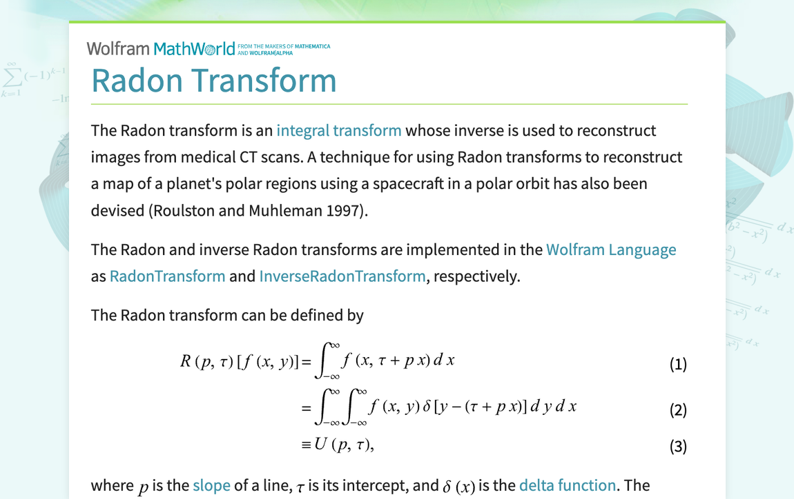 Radon Transform From Wolfram Mathworld