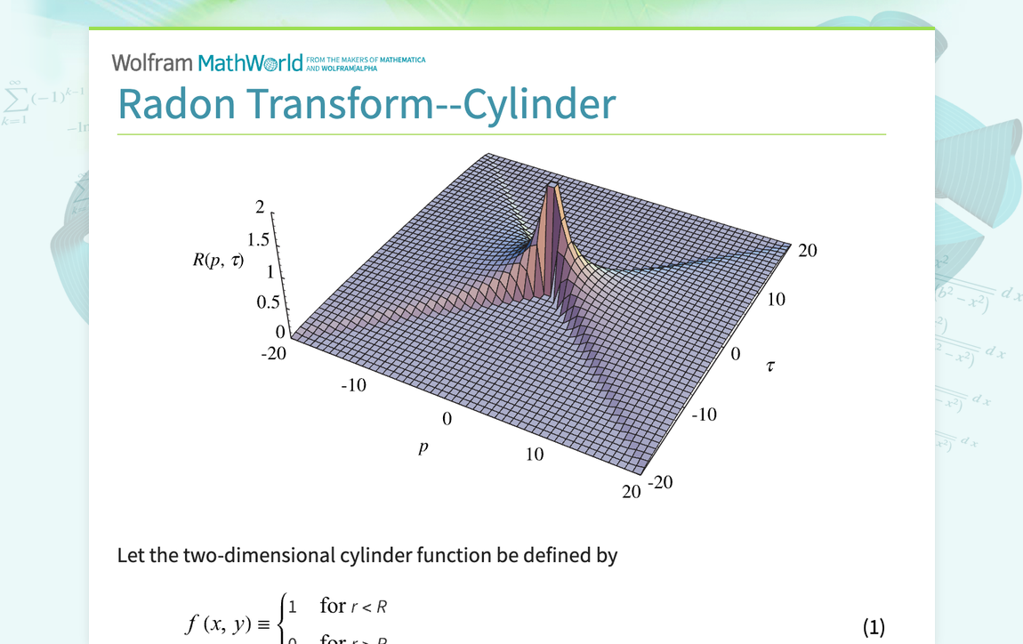 Radon Transform--Cylinder -- from Wolfram MathWorld
