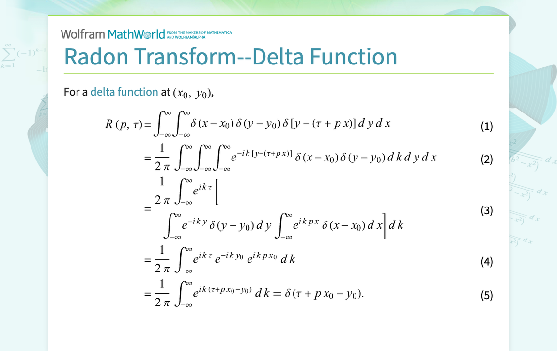 Radon Transform--Delta Function -- from Wolfram MathWorld