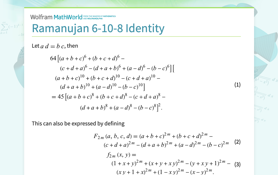 Ramanujan 6-10-8 Identity -- from Wolfram MathWorld