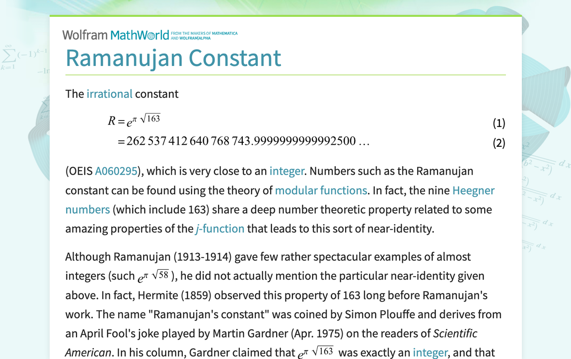 Ramanujan Constant -- from Wolfram MathWorld