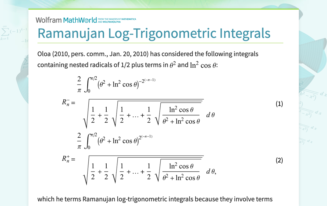 Ramanujan Log-Trigonometric Integrals -- from Wolfram MathWorld