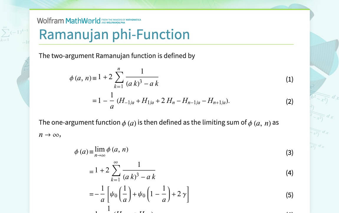 Ramanujan Phi Function From Wolfram Mathworld
