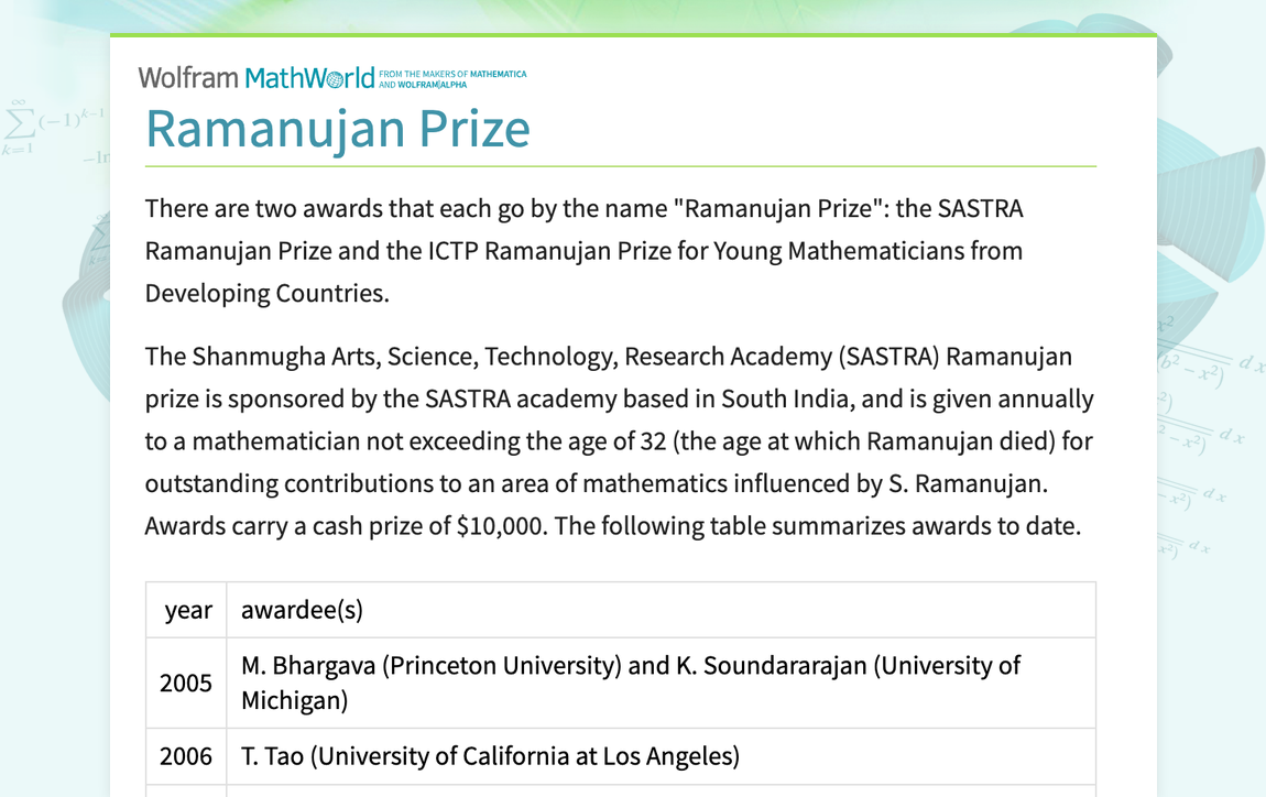 Ramanujan Prize -- from Wolfram MathWorld