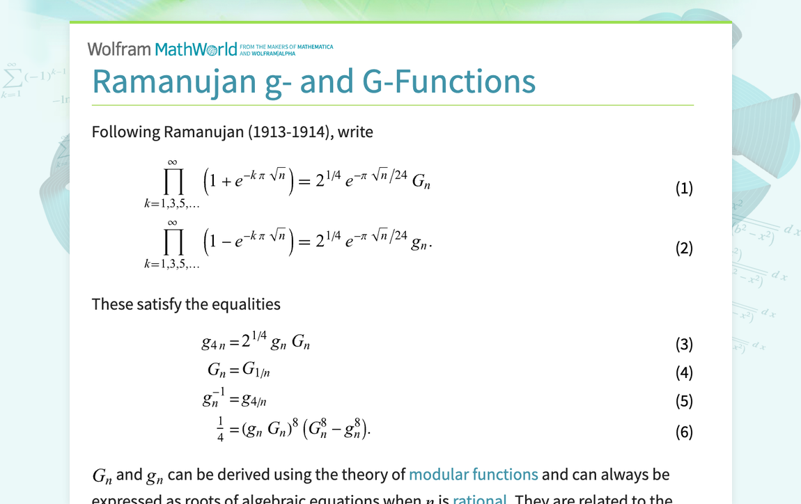 Ramanujan g- and G-Functions -- from Wolfram MathWorld