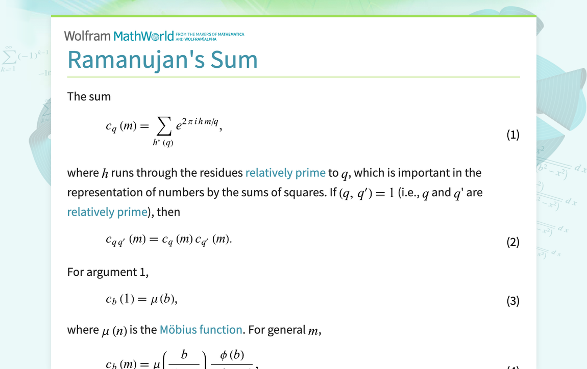 Ramanujan's Sum -- from Wolfram MathWorld