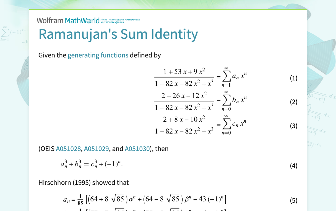 Ramanujans Sum Identity From Wolfram Mathworld