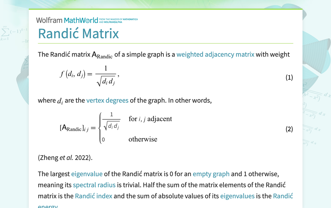 Randić Matrix -- from Wolfram MathWorld
