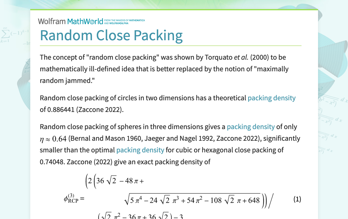 Random Close Packing From Wolfram Mathworld