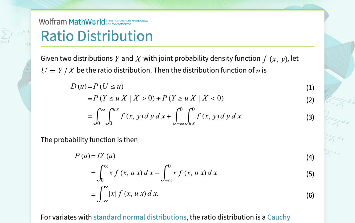 Ratio Distribution -- from Wolfram MathWorld