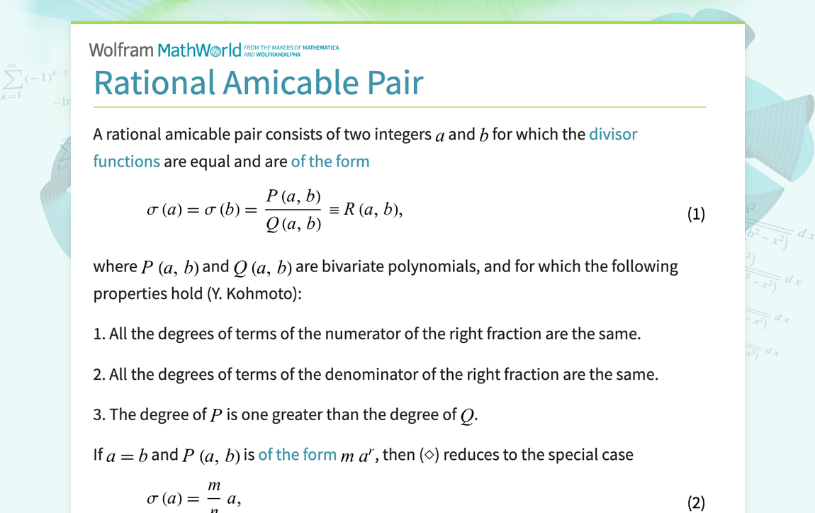 Rational Amicable Pair -- from Wolfram MathWorld