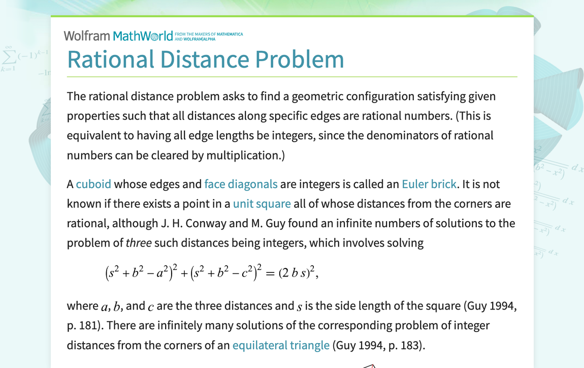 Rational Distance Problem -- from Wolfram MathWorld