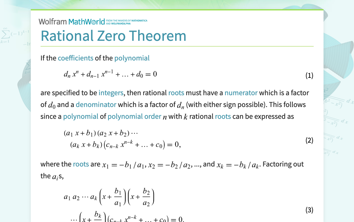 Rational Zero Theorem -- from Wolfram MathWorld