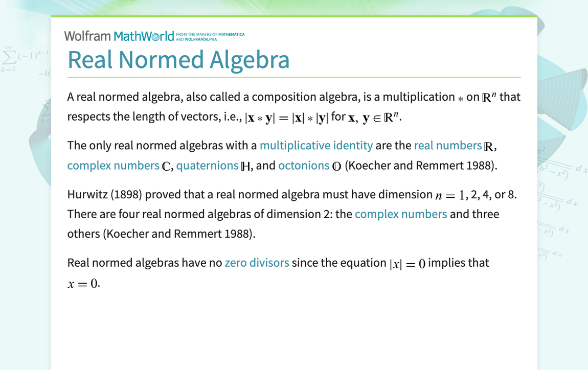 Real Normed Algebra -- from Wolfram MathWorld