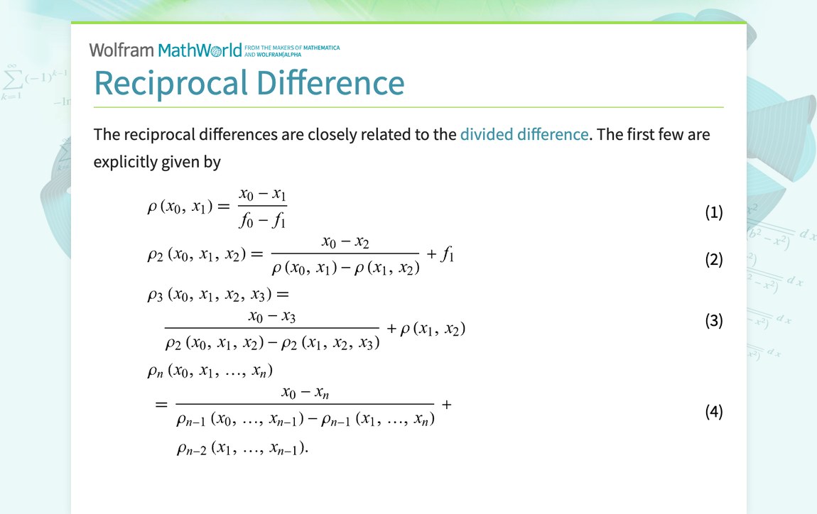 Reciprocal Difference -- from Wolfram MathWorld