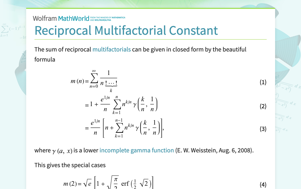 Reciprocal Multifactorial Constant -- from Wolfram MathWorld