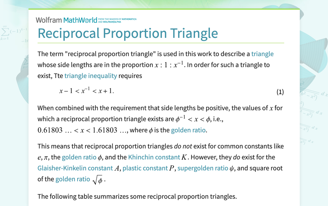 Reciprocal Proportion Triangle -- from Wolfram MathWorld