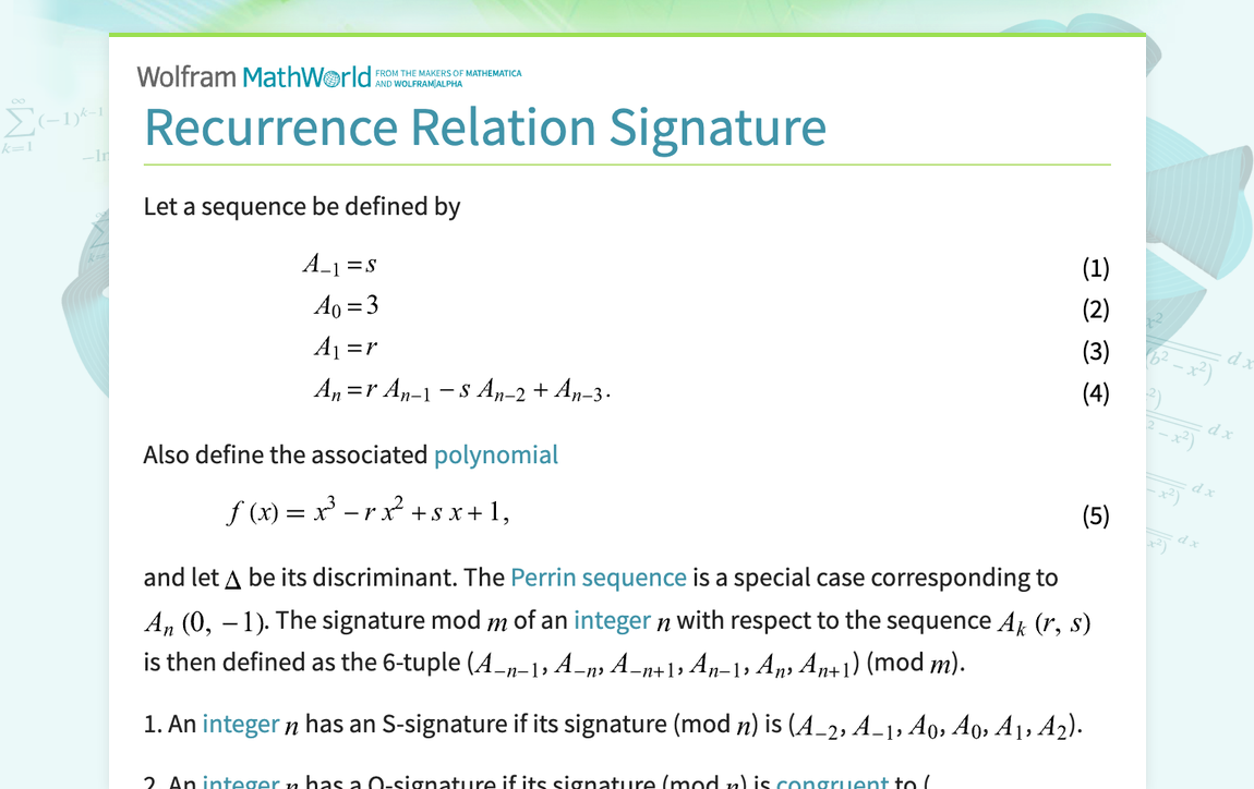 Recurrence Relation Signature -- from Wolfram MathWorld