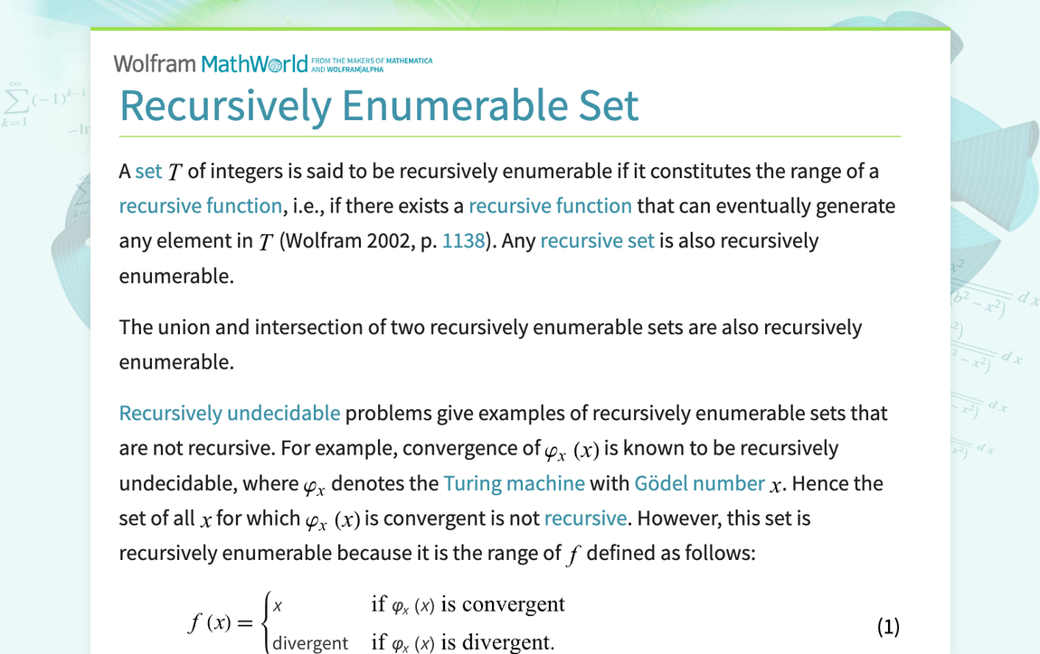 Recursively Enumerable Set From Wolfram Mathworld