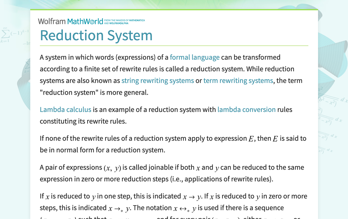 Reduction System -- from Wolfram MathWorld