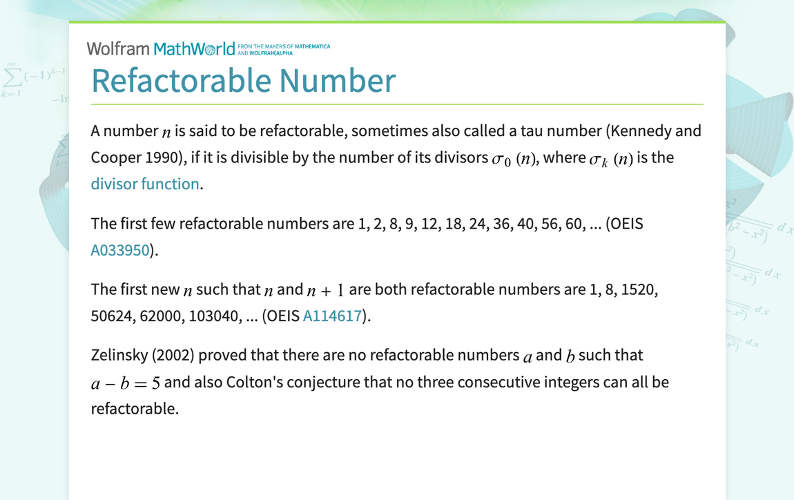 Refactorable Number -- from Wolfram MathWorld