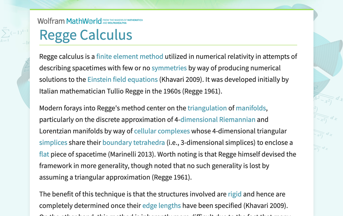 Regge Calculus -- from Wolfram MathWorld