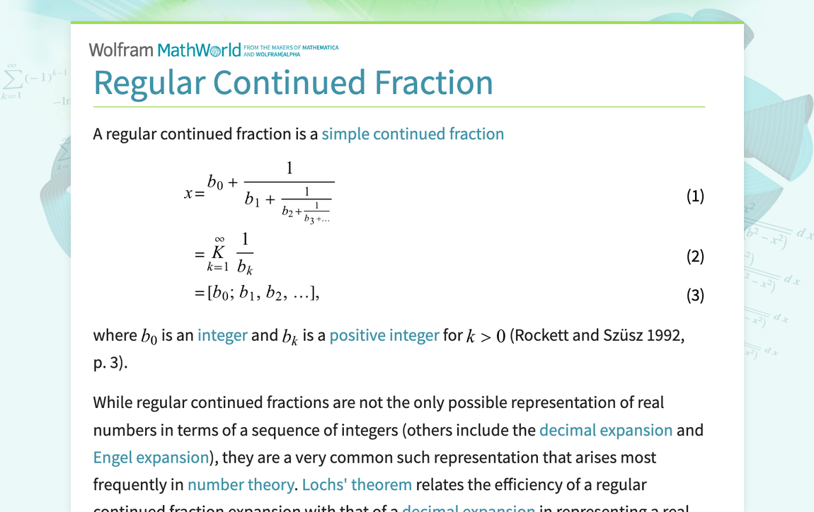 Regular Continued Fraction -- from Wolfram MathWorld
