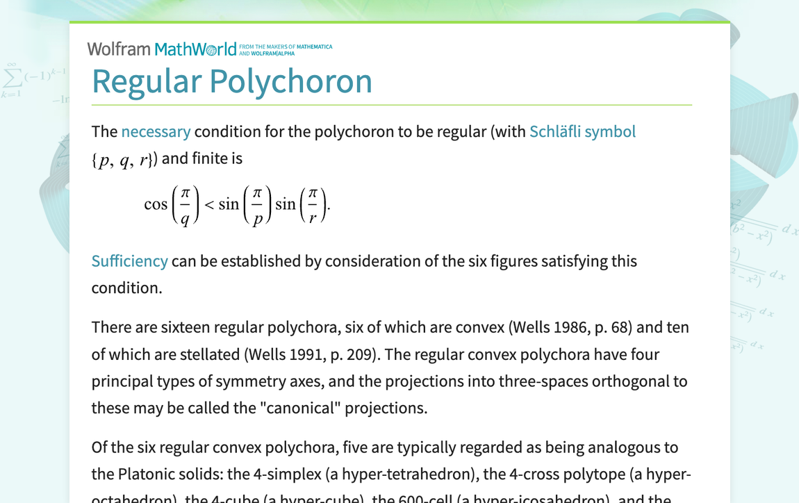 Regular Polychoron -- from Wolfram MathWorld
