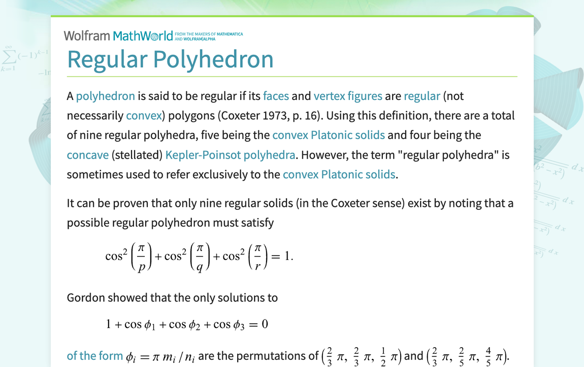 Regular Polyhedron -- from Wolfram MathWorld