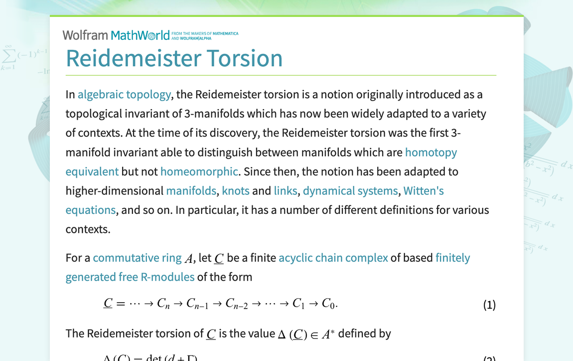 Reidemeister Torsion -- from Wolfram MathWorld