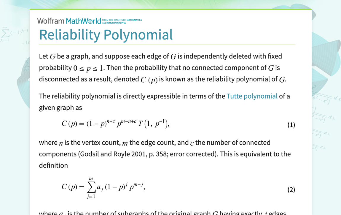 Reliability Polynomial -- from Wolfram MathWorld