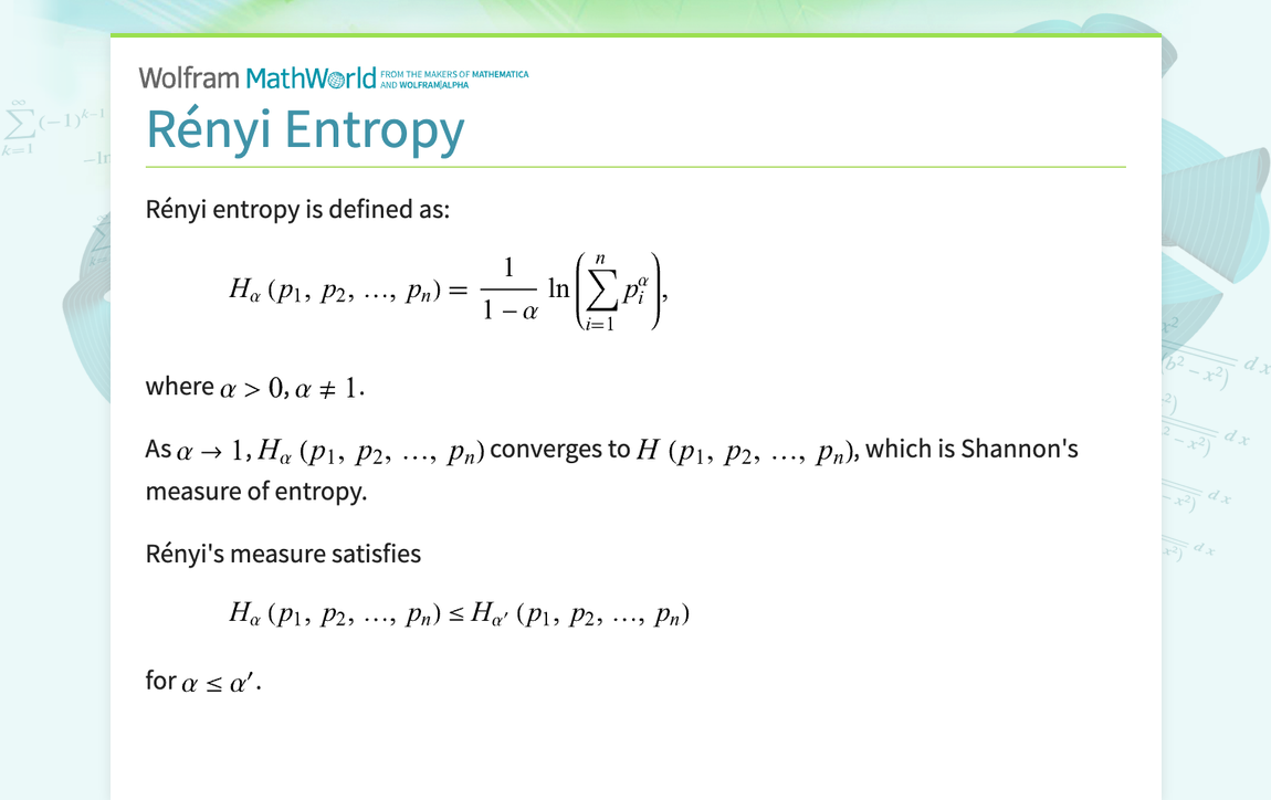 Rényi Entropy -- from Wolfram MathWorld