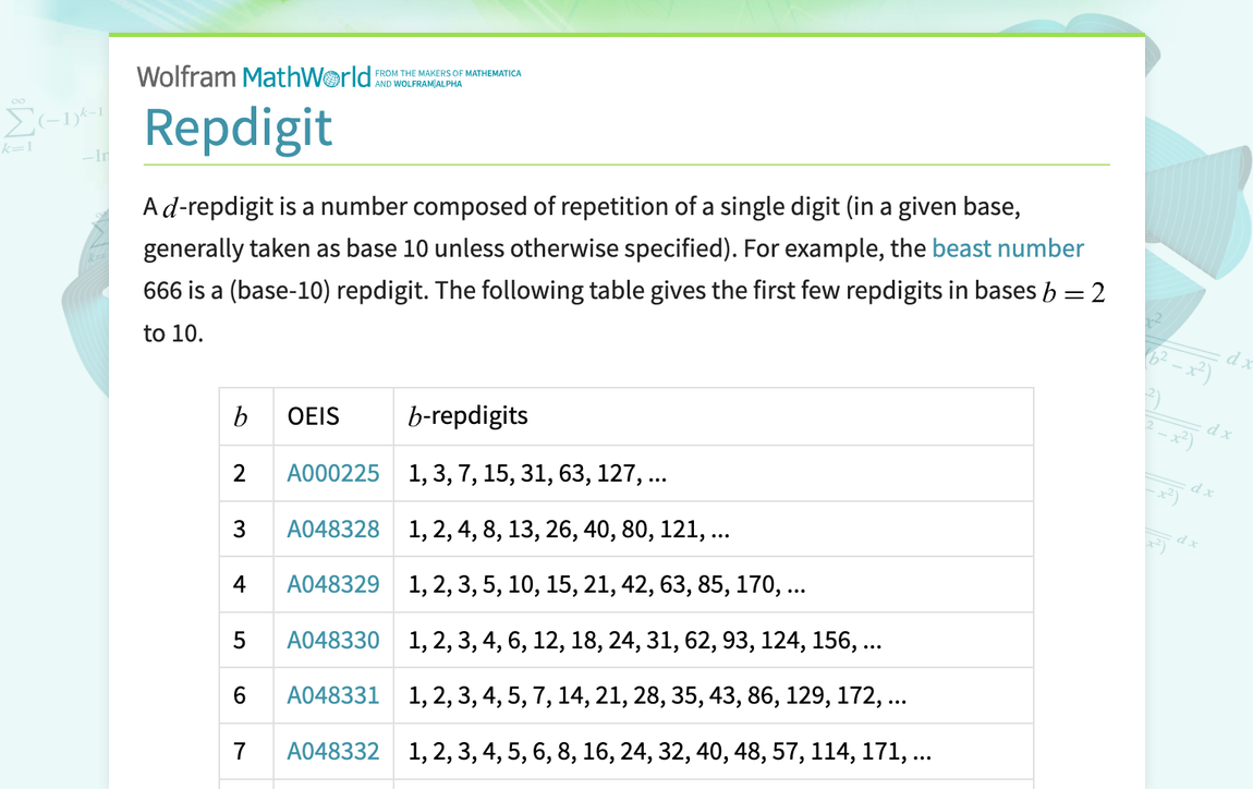 Repdigit -- from Wolfram MathWorld