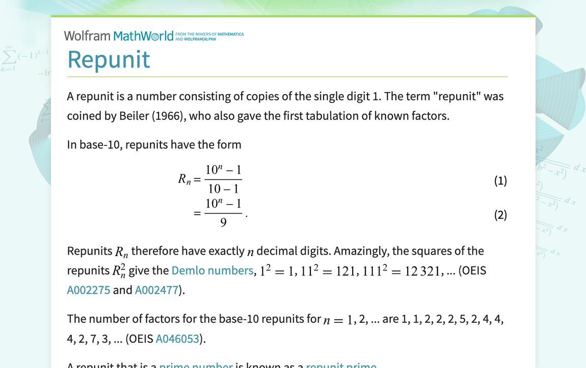 Repunit -- from Wolfram MathWorld