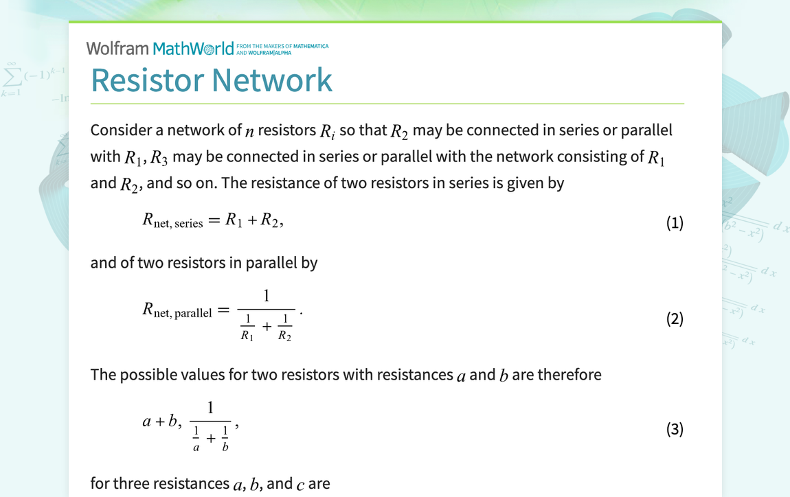 Resistor Network -- from Wolfram MathWorld
