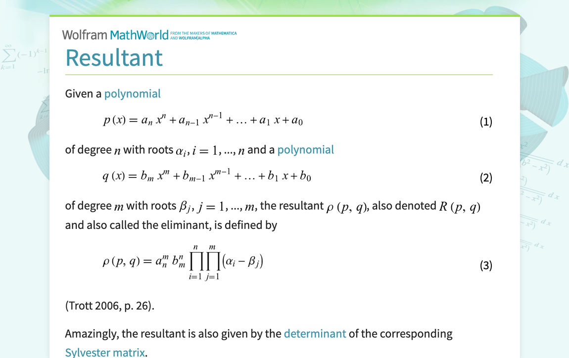 Resultant -- from Wolfram MathWorld