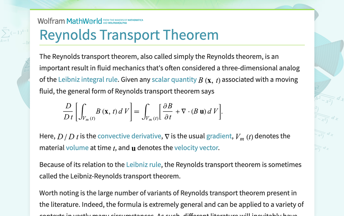 Reynolds Transport Theorem -- from Wolfram MathWorld