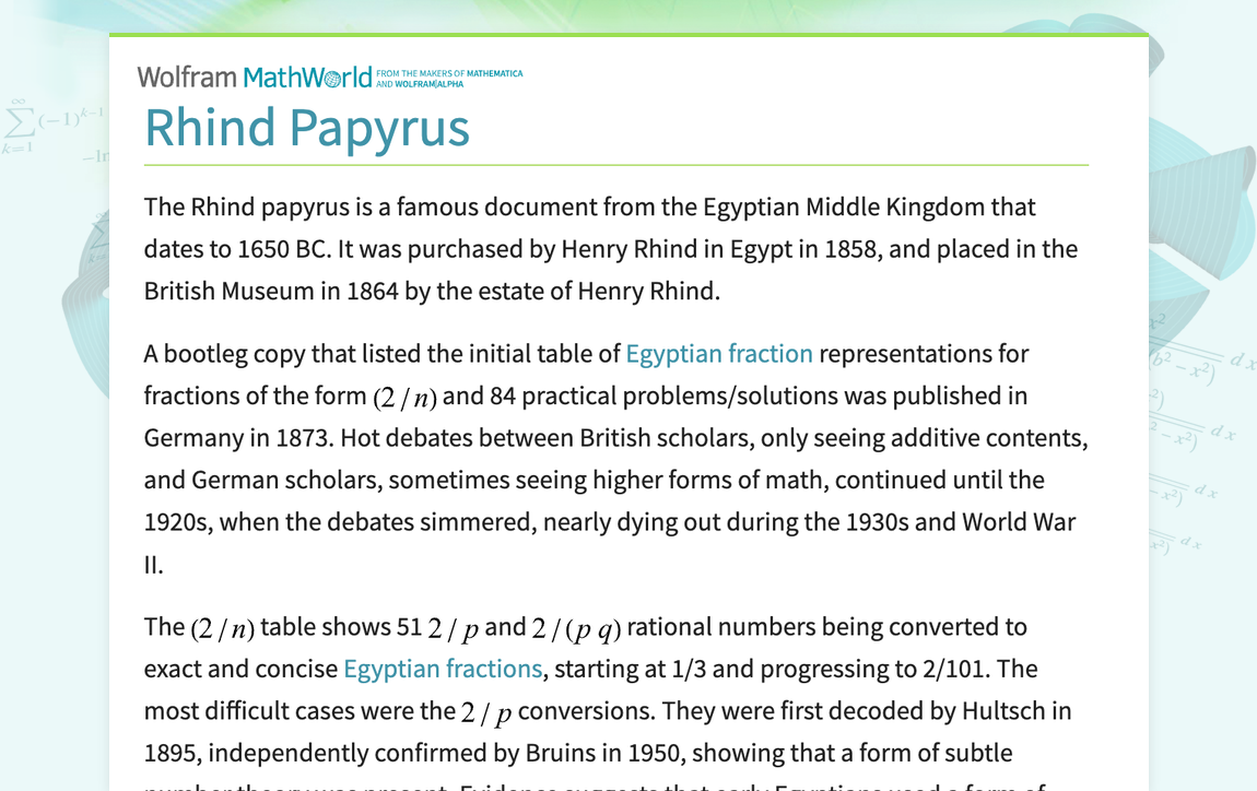 Rhind Papyrus -- from Wolfram MathWorld
