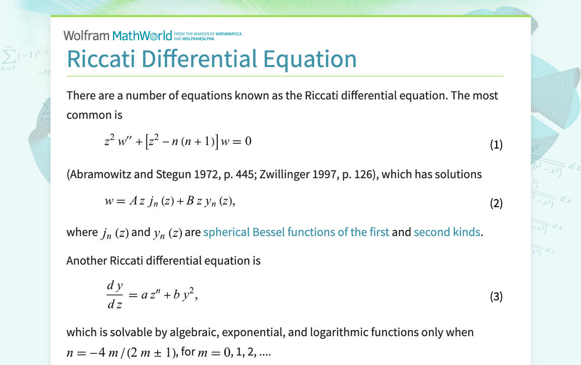 Riccati Differential Equation -- from Wolfram MathWorld