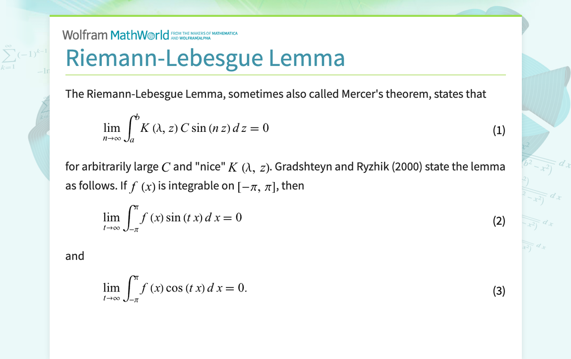 Riemann-Lebesgue Lemma -- from Wolfram MathWorld