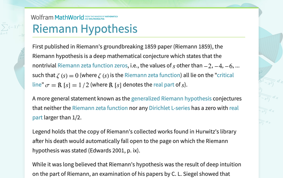 Riemann Hypothesis -- from Wolfram MathWorld