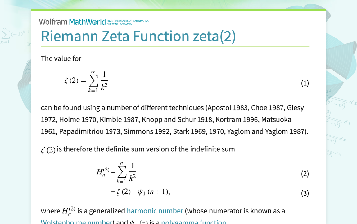 Riemann Zeta Function zeta(2) -- from Wolfram MathWorld
