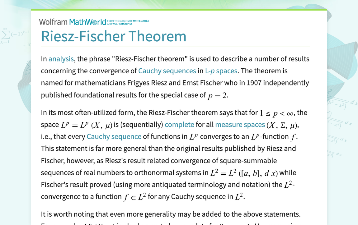 Riesz-Fischer Theorem -- from Wolfram MathWorld