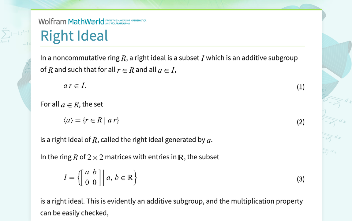 Right Ideal -- from Wolfram MathWorld